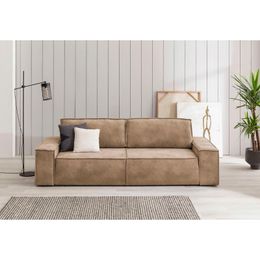 Home Affaire 3-Sitzer »SHERWOOD Schlafsofa (257cm) Cord, Samtvelours, Vintage-Lederoptik« Schlaffunktion mit Bettkasten (ca. 136/200cm) beige