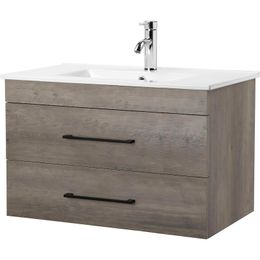 Welltime Waschtisch »Florenz Badmöbel Badschrank mit Waschbecken« Waschplatz mit 2 Auszügen und Softclose Breite 80cm eiche / grau + grau wood grain
