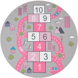Paco Home Kinderteppich »Bino 569« rund 4 mm Höhe Kurzflor, Straßen-Spiel-Teppich & Spielmotiv Hüpfkästchen pink Obermaterial: 100% Polyester Ø 160...