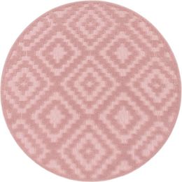 Paco Home Teppich &raquo;Livorno 672&laquo; rund 14 mm H&ouml;he Uni-Farben, Scandi, Rauten Muster, Hoch-Tief Effekt, Outdoor geeignet pink Obermaterial: 100%...