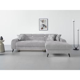 COTTA Ecksofa »Mia L-Form mit 3 Zierkissen« wahlweise mit Bettfunktion, Bettkasten, Beleuchtung & Wireless-Charger grey