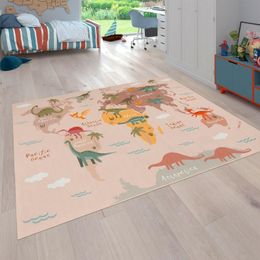 Paco Home Kinderteppich »Bino 583« rechteckig 4 mm Höhe Spielteppich, Motiv Weltkarte & Dinosaurier, Kinderzimmer Beige Obermaterial: 100%...