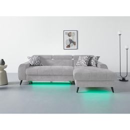 COTTA Ecksofa »Mia L-Form mit 3 Zierkissen« wahlweise mit Bettfunktion, Bettkasten, Beleuchtung & Wireless-Charger grey