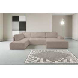 WERK2 Wohnlandschaft »Rotterdam-U, U-Form, in kuschelweichem Cord oder Breitcord« Design Sofa mit Schlaffunktion & Bettkasten, Breitcord, Taupe Taupe