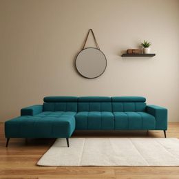 DOMO collection Ecksofa »Trento L-Form, mit Kufenfuß oder Einzelfuß« wahlweise mit Kopfteilverstellung, Recamiere links/rechts bestellbar dunkelblau