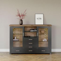 SET ONE BY Musterring Highboard »York« Typ 56, mit Glastüren, Beleuchtung optional, B 184 cm Grau / Eiche