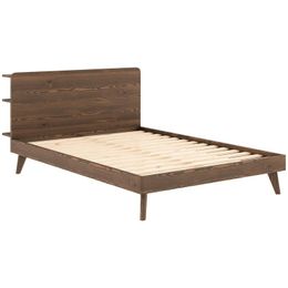 Karup Design Bettgestell »RETREAT BED« aus Kiefer massiv mit Lattenrost, Kopfteil mit 3 Ablagen Carob Brown lackiert