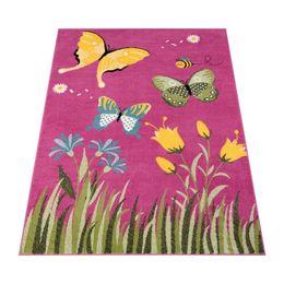 Paco Home Kinderteppich »Alma 940« rechteckig 14 mm Höhe Kurzflor, Kinder Design, Motiv Schmetterlinge, Kinderzimmer fuchsia Obermaterial: 100%...