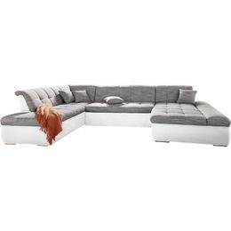 DOMO collection Wohnlandschaft »Moric Luxus incl. Zierkissen« U-Form, bis 140kg pro Sitzplatz belastbar, XXL B/T/H: 353/216/80 cm weiß/weiß-grau/grau