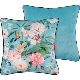 Descanso Dekokissen »Fungi« Mit Füllung, 1 Stück, Biese, 30x60, Wendeoptik, Weich, Blumen, Türkis blau/hellblau/türkis + bedruckt Obermaterial:...