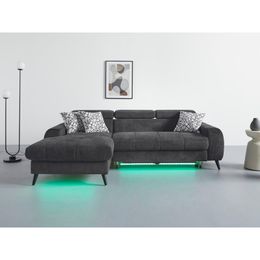 COTTA Ecksofa &raquo;Mia L-Form mit 3 Zierkissen&laquo; wahlweise mit Bettfunktion, Bettkasten, Beleuchtung & Wireless-Charger grau 90% Polyester 10% Polyamid