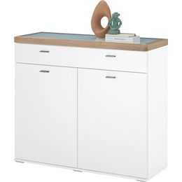 SET ONE BY Musterring Sideboard »Lancaster Dielen« inklusive LED-Beleuchtung, mit einem Schubkasten, Breite 121 cm Weiss matt mit Eiche Artisan 5...