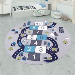 Paco Home Kinderteppich »Bino 565« rund 4 mm Höhe Kurzflor, Straßen-Spiel-Teppich & Spielmotiv Hüpfkästchen grau Obermaterial: 100% Polyester Ø 160...