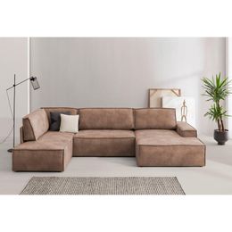 Home Affaire Wohnlandschaft »SHERWOOD 329 cm, U-Form, Schlafsofa, « Schlaffunktion m. Bettkasten (194x139 cm), Cord, Vintage, Samtvelours cognac