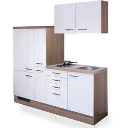 Flex-Well K&uuml;chenzeile &raquo;Florenz&laquo; Gesamtbreite 190 cm, mit Apothekerschrank, mit Einbau-K&uuml;hlschrank etc. beige