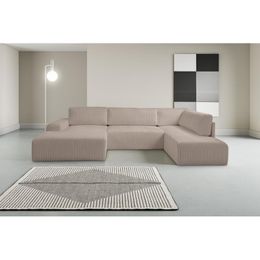 WERK2 Wohnlandschaft »Rotterdam-U, U-Form, in kuschelweichem Cord oder Breitcord« Design Sofa mit Schlaffunktion & Bettkasten, Breitcord, Taupe Taupe