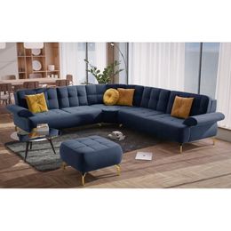 Sit & More SIT&MORE Ecksofa »Orient 1 L-Form« inkl. 4 Zierkissen mit Strass-Stein, goldfarbene Metallfüße blau