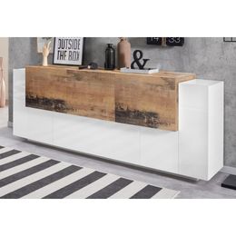 Inosign Sideboard »Coro, Kommode, Schrank, Kredenz, grifflos mit Einlegeböden« 1 Klappe, 4 Türen, 2 Schubkästen Doppeltiefe, Breite 220 weiss/ahorn
