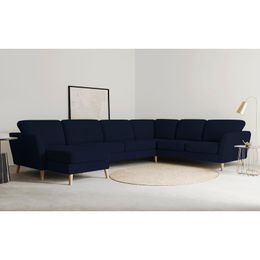 Home Affaire Wohnlandschaft »MARSEILLE XXL 349cm, U-Form, Ottomane rechts/links wählbar« Massivholzbeine Eiche, Landhausstil, Wellenunterfederung blue