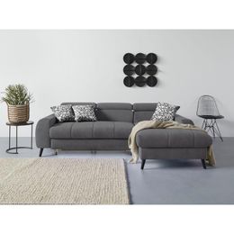 COTTA Ecksofa »Mia L-Form mit 3 Zierkissen« wahlweise mit Bettfunktion, Bettkasten, Beleuchtung & Wireless-Charger grey
