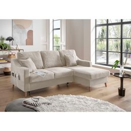 Inosign Ecksofa »Valentina L-Form« 2 Zierkissen, mit Seitentasche, ausziehbarer Liegefläche, Bettkasten beige