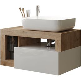 Welltime Waschtisch &raquo;Hamburg&laquo; 1 Schubkasten, Breite 79 cm, Soft-Close, inkl. Keramik-Aufsatzbecken Wei&szlig; / Eiche Cadiz NB + Wei&szlig;
