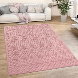 Paco Home Teppich &raquo;Livorno 673&laquo; rechteckig 14 mm H&ouml;he Uni-Farben, Scandi, Rauten Muster, Hoch-Tief Effekt, Outdoor geeignet pink Obermaterial: 100%...