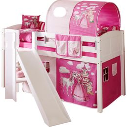 Ticaa Hochbett »Ekki« mit Rollrost und Textil-Set, Kiefer Kiefer massiv weiß gewachst + Prinzessin, Pink
