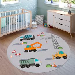 Paco Home Kinderteppich &raquo;Bino 579&laquo; rund 4 mm H&ouml;he Spielteppich, Motiv Autos & Baustelle, Kinderzimmer Grau Obermaterial: 100% Polyester B : 200 cm...
