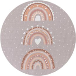 Paco Home Kinderteppich &raquo;Eliz 392&laquo; rund 12 mm H&ouml;he Kurzflor, Spielteppich, Patchwork-Muster, Motiv Punkte & Regenbogen Grau-Beige Obermaterial:...