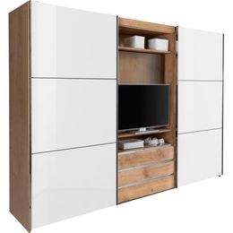 wimex Schwebetürenschrank »Magic by fresh to go« tolles EXTRA: mit drehbarem TV-Element, Fronten aus Glas plankeneichefarben, Außentüren Weißglas