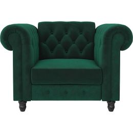 Chesterfield-Sessel &raquo;Felix&laquo; mit R&uuml;ckenlehne 3-fach verstellbar, Beine Massivholz, Sitzh&ouml;he 46 cm gr&uuml;n Veloursstoff 100% Polyester