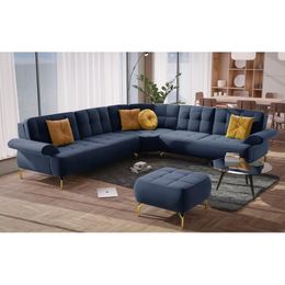 Sit & More SIT&MORE Ecksofa »Orient 1 L-Form« inkl. 4 Zierkissen mit Strass-Stein, goldfarbene Metallfüße blau