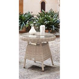 Destiny Gartentisch »MALAGA« Ø: 60cm x H: 55cm, Aluminium, Polyrattan vintage weiß + klarglas