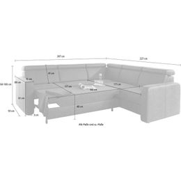Sit & More SIT&MORE Ecksofa »Bologna L-Form« Kopfteilverstellung, wahlweise mit Bettfunktion und Schubkasten grau