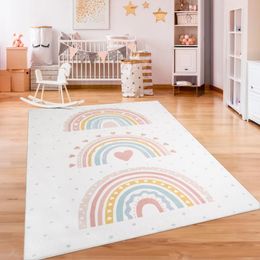 Paco Home Kinderteppich &raquo;Eliz 392&laquo; rechteckig 12 mm H&ouml;he Kurzflor, Spielteppich, Patchwork-Muster, Motiv Punkte & Regenbogen Rosa Obermaterial:...