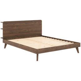 Karup Design Bettgestell »RETREAT BED« aus Kiefer massiv mit Lattenrost, Kopfteil mit 3 Ablagen Carob Brown lackiert