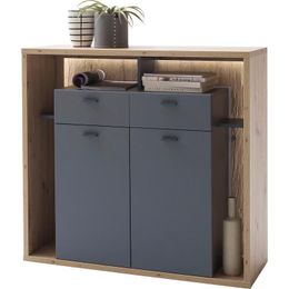MCA furniture Highboard &raquo;Lizzano&laquo; Wohnzimmerschrank mit 3-D R&uuml;ckwand, wahlweise mit Beleuchtung Balkeneiche- Royal Grau Melamin Nachbildung