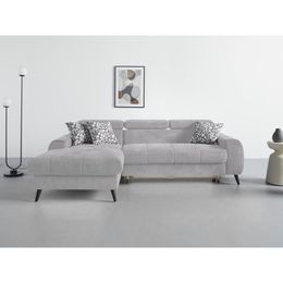 COTTA Ecksofa »Mia L-Form mit 3 Zierkissen« wahlweise mit Bettfunktion, Bettkasten, Beleuchtung & Wireless-Charger grey