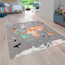 Paco Home Kinderteppich »Bino 581« rechteckig 4 mm Höhe Spielteppich, Motiv Weltkarte & Tiere, Kinderzimmer Grau Obermaterial: 100% Polyester B :...