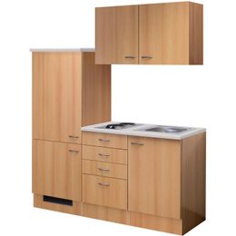 Flex-Well K&uuml;chenzeile &raquo;Nano&laquo; Gesamtbreite 160 cm, mit Einbau-K&uuml;hlschrank, Kochfeld und Sp&uuml;le etc. K&uuml;che: braun + Front: Buche Nachbildung +...