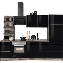 KOCHSTATION Küchenzeile »KS-Brindisi« Breite 270 cm, wahlweise mit E-Geräten, mit MDF-Fronten und Regal Küche: schwarz + Front: schwarz Hochglanz...