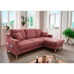Inosign Ecksofa »Valentina L-Form« 2 Zierkissen, mit Seitentasche, ausziehbarer Liegefläche, Bettkasten pastellrosa