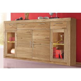 VOGL MÖBELFABRIK Highboard »Toronto« opt. Glastüren, teilmassiv, Rahmenoptik, Made in Germany Wildeiche teilmassiv Maße (B/T/H): 182/42/107 cm
