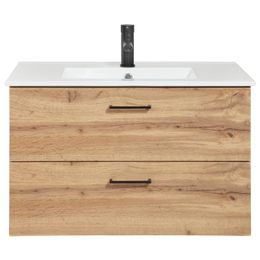 Welltime Waschtisch »Trento Badezimmerschrank mit Becken Bestseller« Badmöbel in Breite 80 cm, Waschplatz mit 2 Schubladen, Badschrank Wotaneiche +...