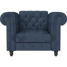 Chesterfield-Sessel &raquo;Felix&laquo; mit R&uuml;ckenlehne 3-fach verstellbar, Beine Massivholz, Sitzh&ouml;he 46 cm blau Veloursstoff 100% Polyester