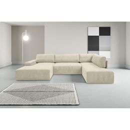 WERK2 Wohnlandschaft »Rotterdam-U, U-Form, in kuschelweichem Cord oder Breitcord« Design Sofa mit Schlaffunktion & Bettkasten, Cord, Natur Natur