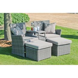 Garden Pleasure Gartensessel »CALGARY« Set, Doppelsessel mit integriertem Tisch, 2 Hockern und Auflagen grau Obermaterial: 100% Polyester