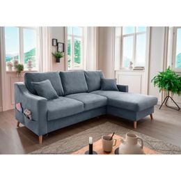 Inosign Ecksofa »Valentina L-Form« 2 Zierkissen, mit Seitentasche, ausziehbarer Liegefläche, Bettkasten blau 0