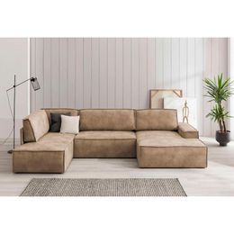 Home Affaire Wohnlandschaft »SHERWOOD 329 cm, U-Form, Schlafsofa, « Schlaffunktion m. Bettkasten (194x139 cm), Cord, Vintage, Samtvelours beige